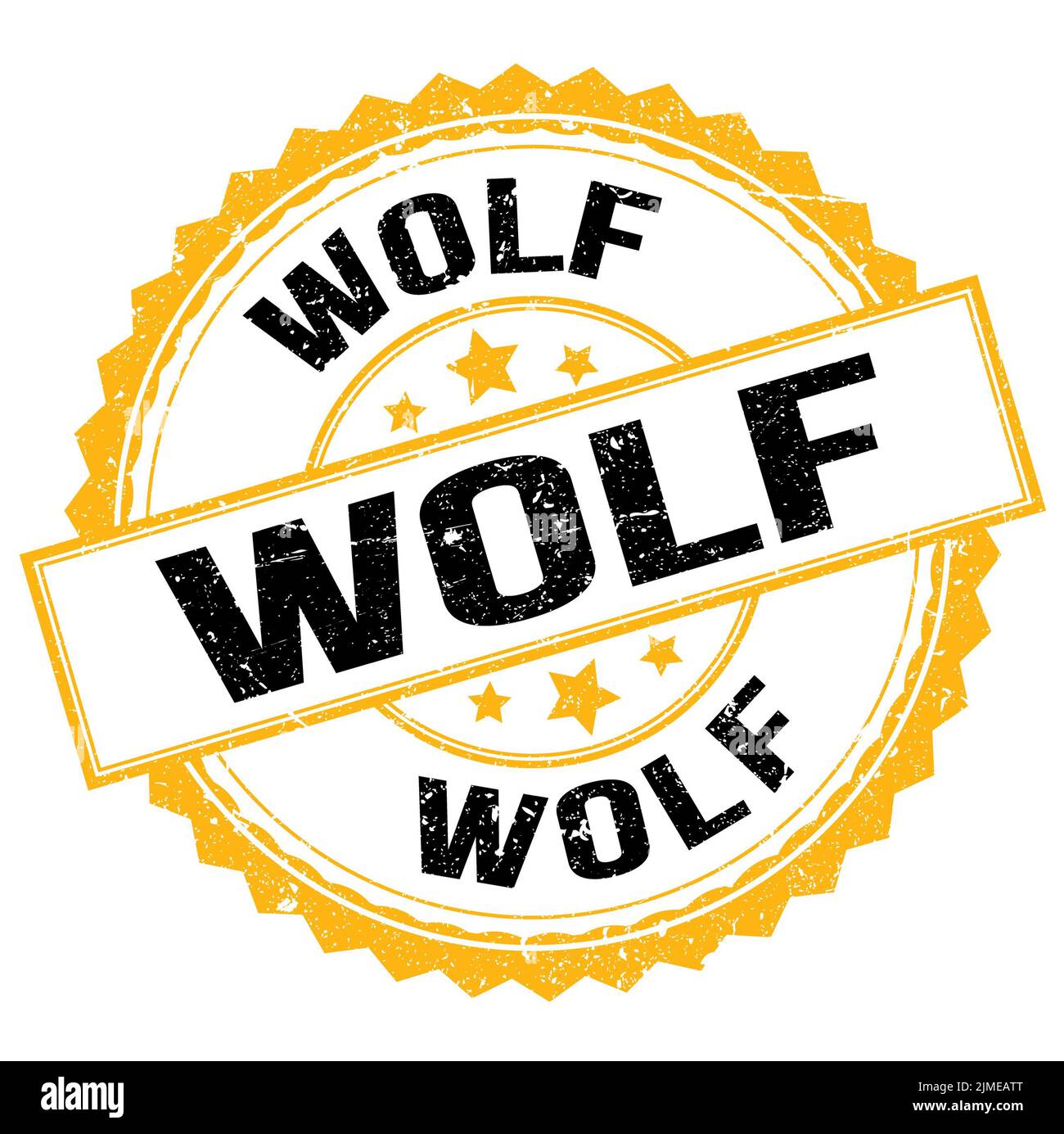 WOLF text written on yellow-black round stamp sign Stock Photo - Alamy
