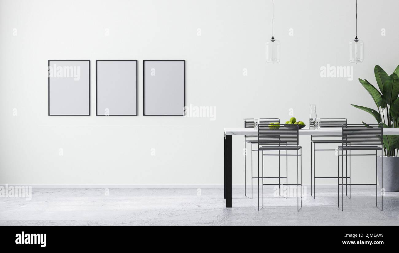 Poster frames mock up in modern bright white room interior with ...