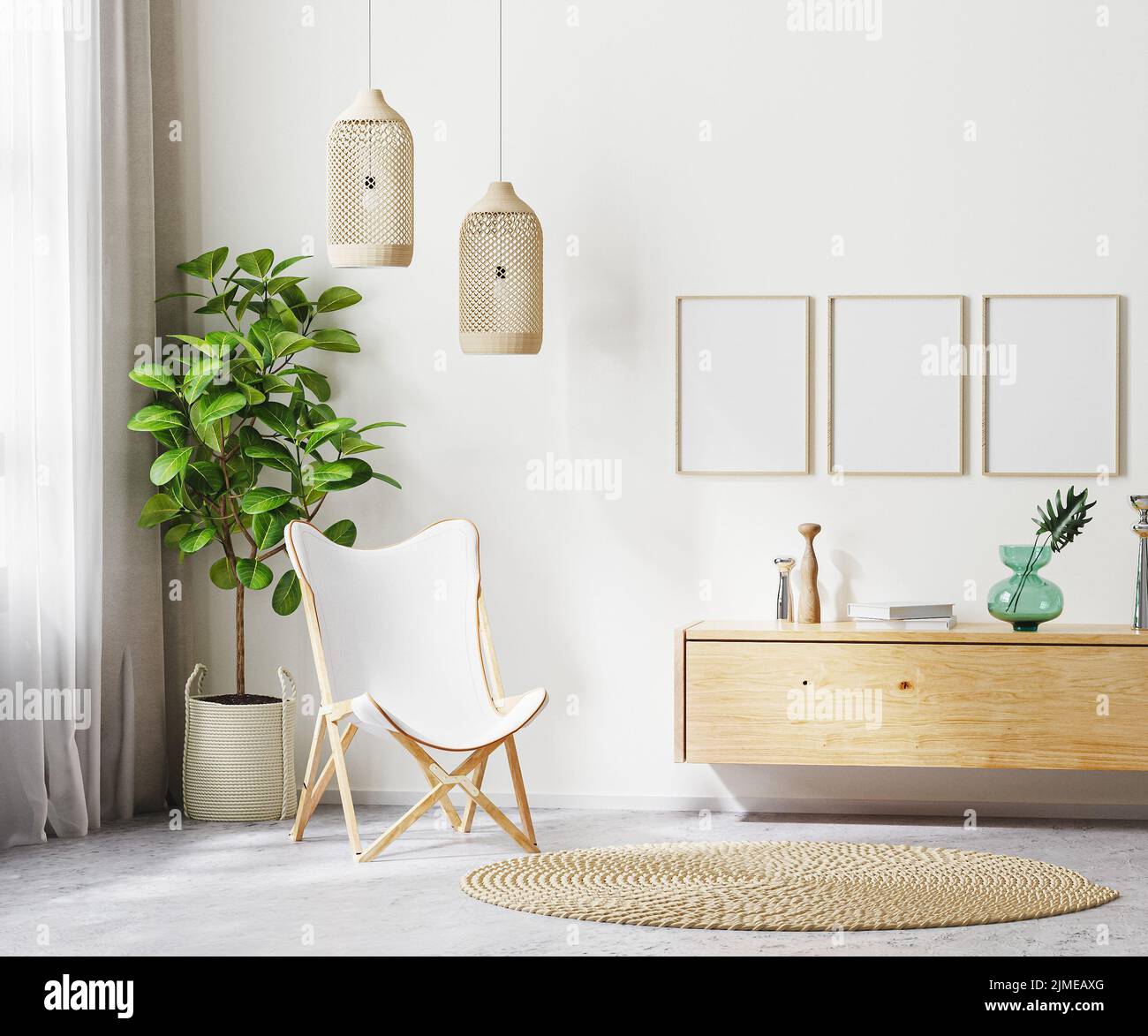 Mock up poster frame in living room interior background with white ...