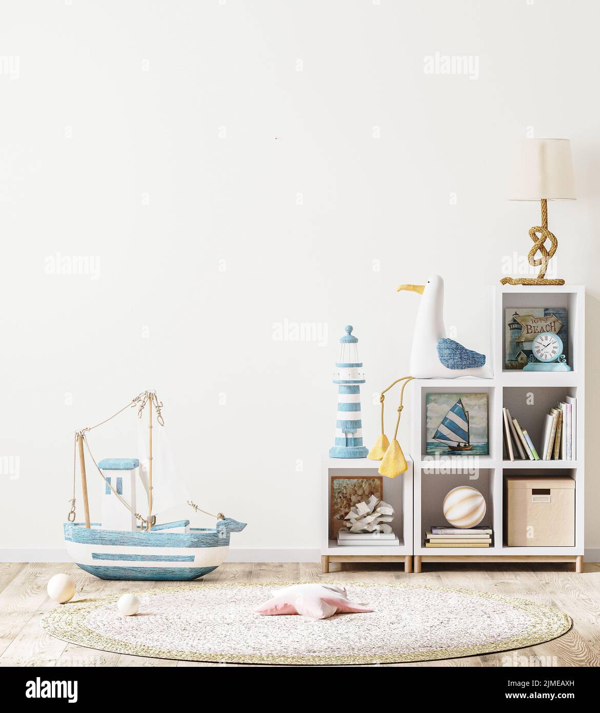 Empty wall mock up with kids shelf with books and toys, scandinavian ...