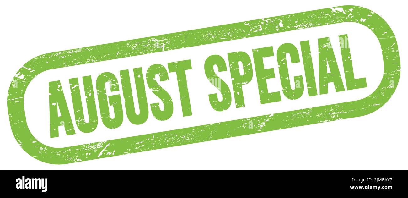 AUGUST SPECIAL, text on green rectangle stamp sign Stock Photo - Alamy