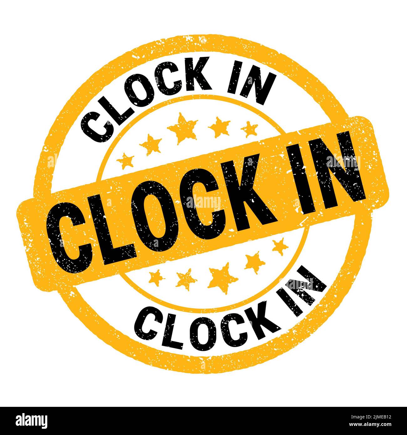 CLOCK IN text written on yellow-black grungy stamp sign Stock Photo - Alamy