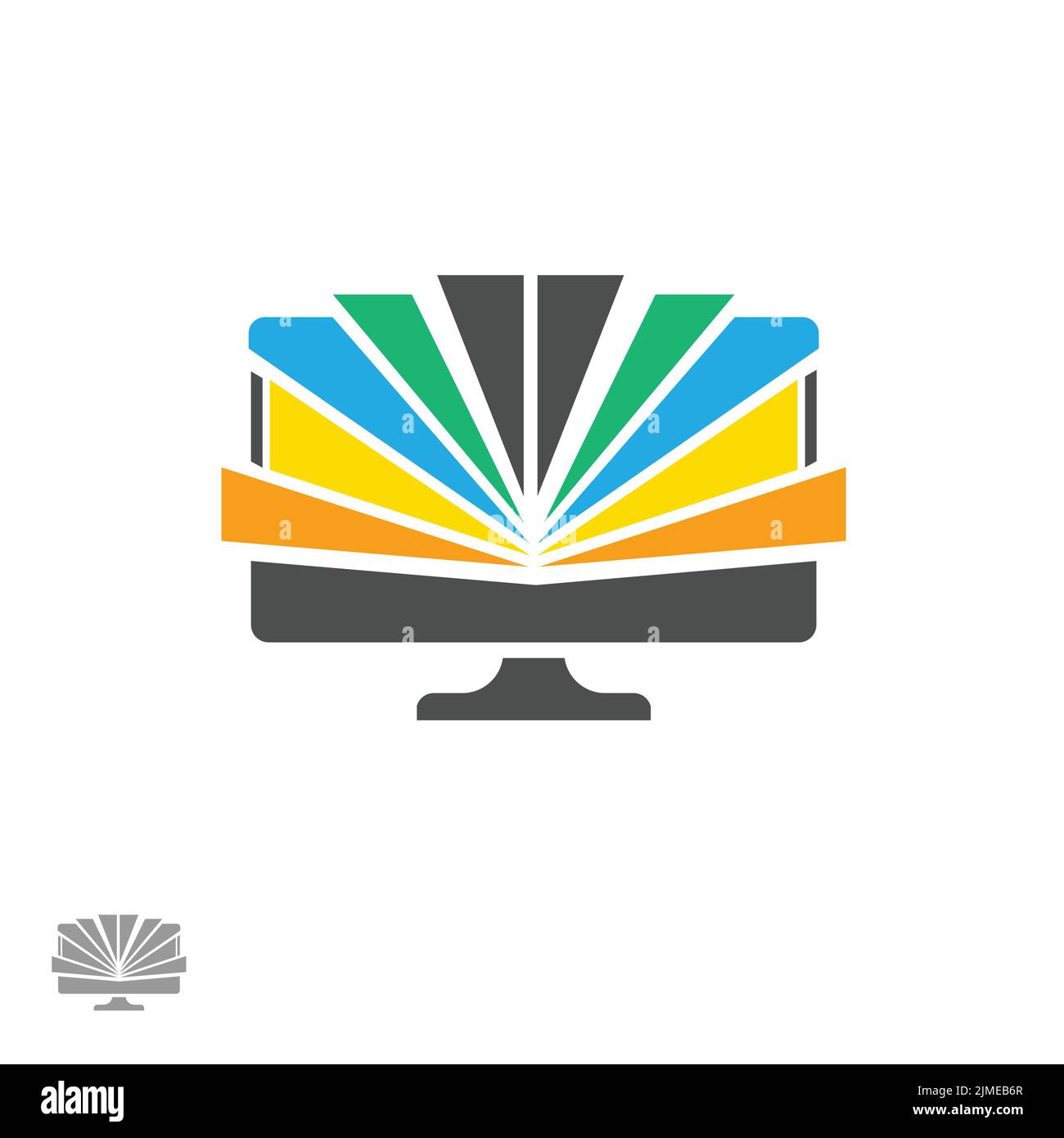 A computer monitor icon with rainbow-colored rays isolated on a white ...