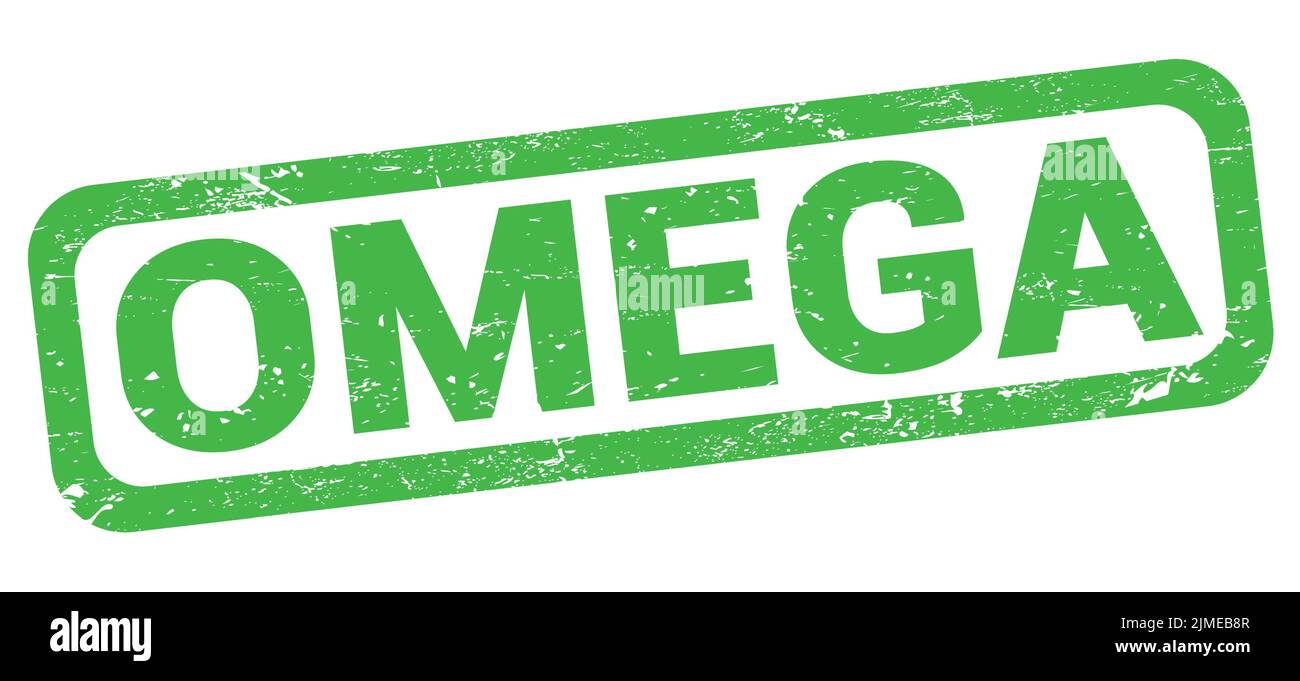 OMEGA text written on green rectangle stamp sign Stock Photo - Alamy