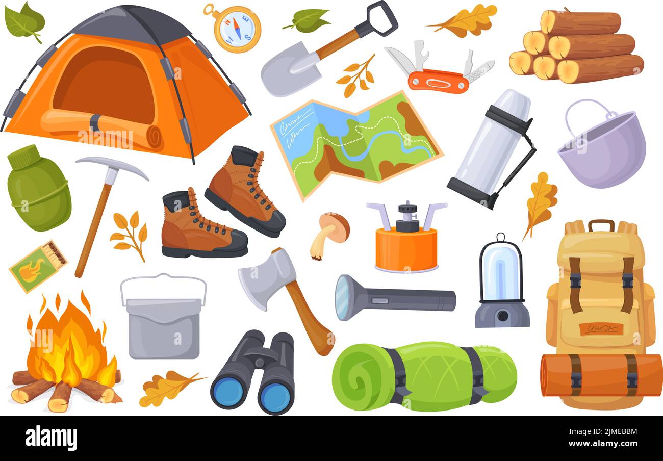 Outing equipment. Camping equipments, cartoon travel trekking scouts ...