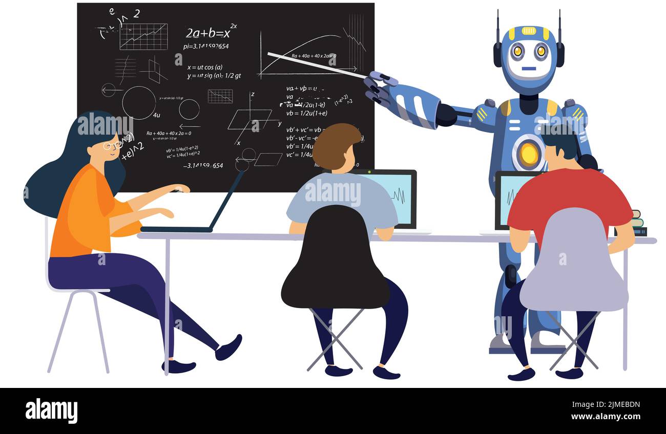 A vector illustration of a robot teacher teaching math to the students ...
