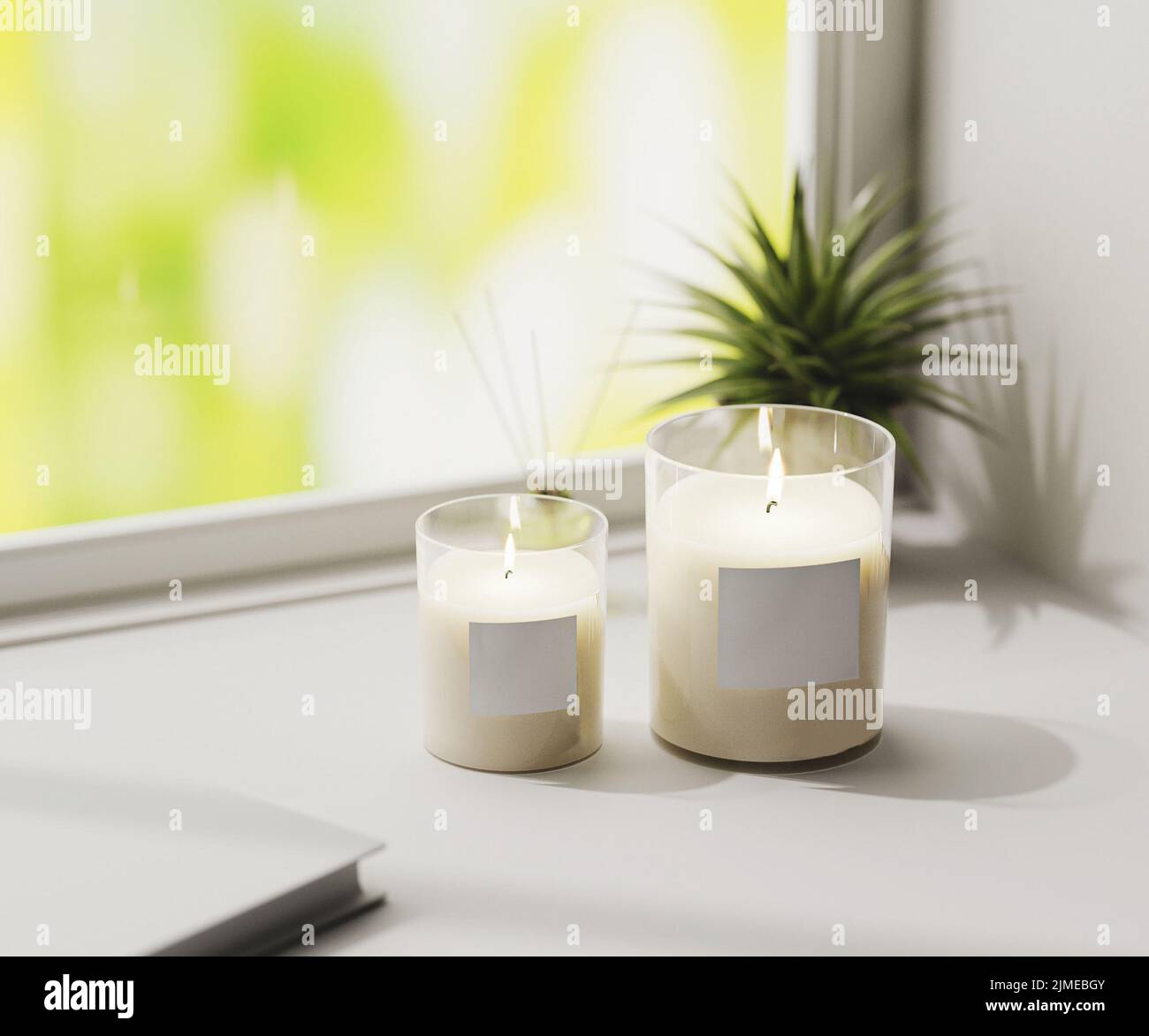 Scented candle with blank label mockup, burning white aromatic candles ...