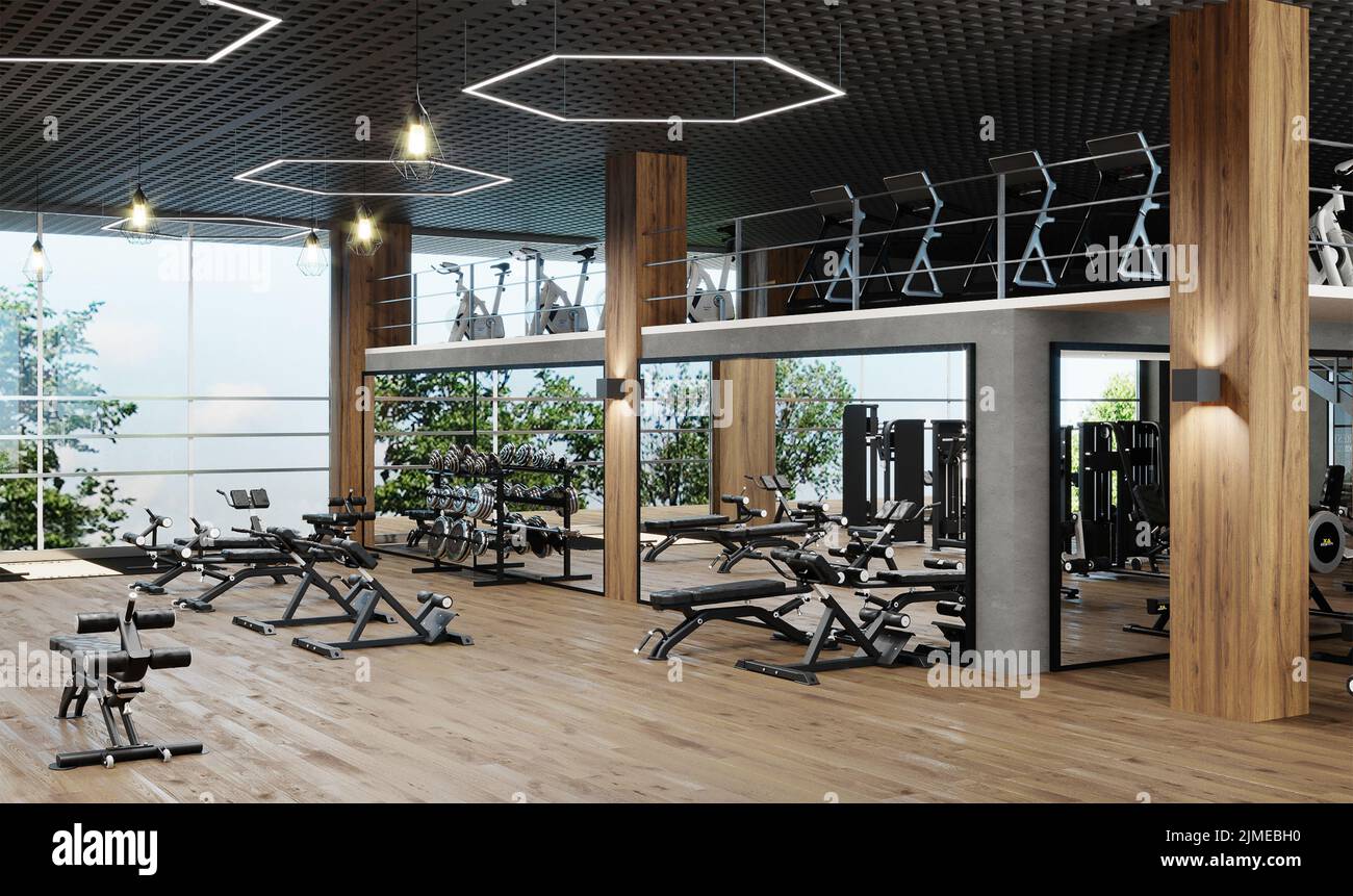 Modern gym interior with sport and fitness equipment and panoramic ...