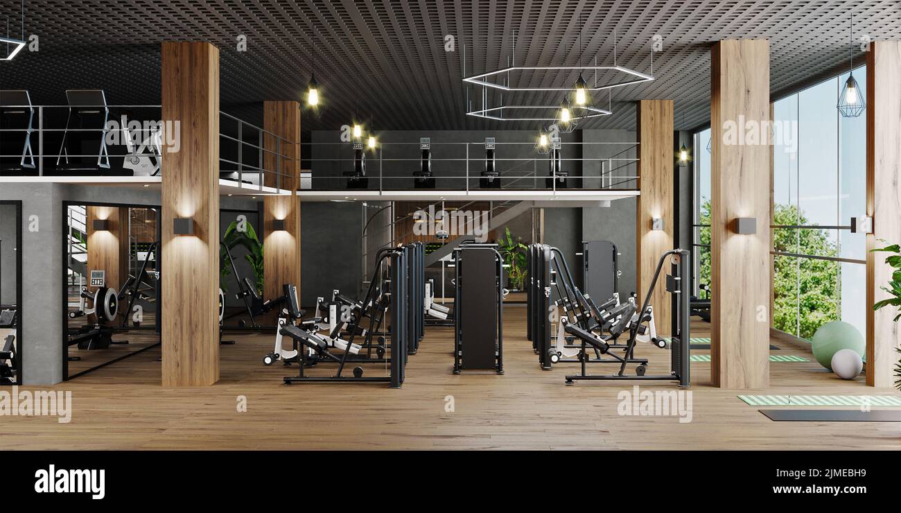 Modern gym interior with sport and fitness equipment and panoramic ...