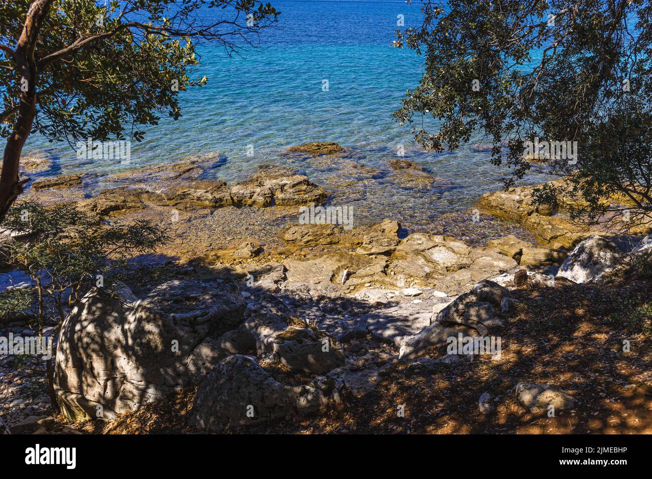 The rocky shore under the shadows of green trees and shallow sea water ...