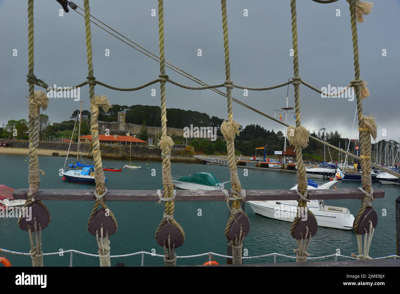 Old caravel ropes and rigging at Baiona on the Compostela pilgrimage ...