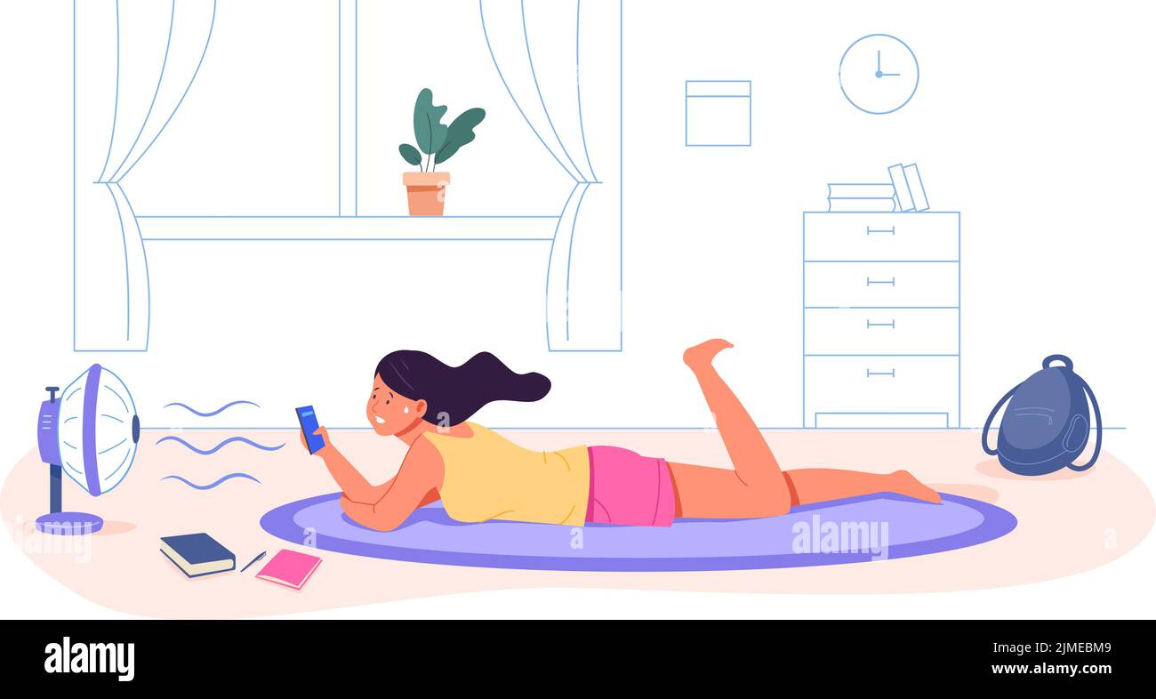 Girl cooling fan. Fun child woman lies under cold air wind electric ...