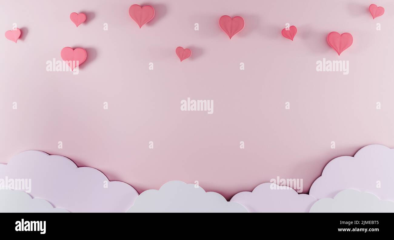 Light pink background with paper clouds and pink hearts. Valentine's ...