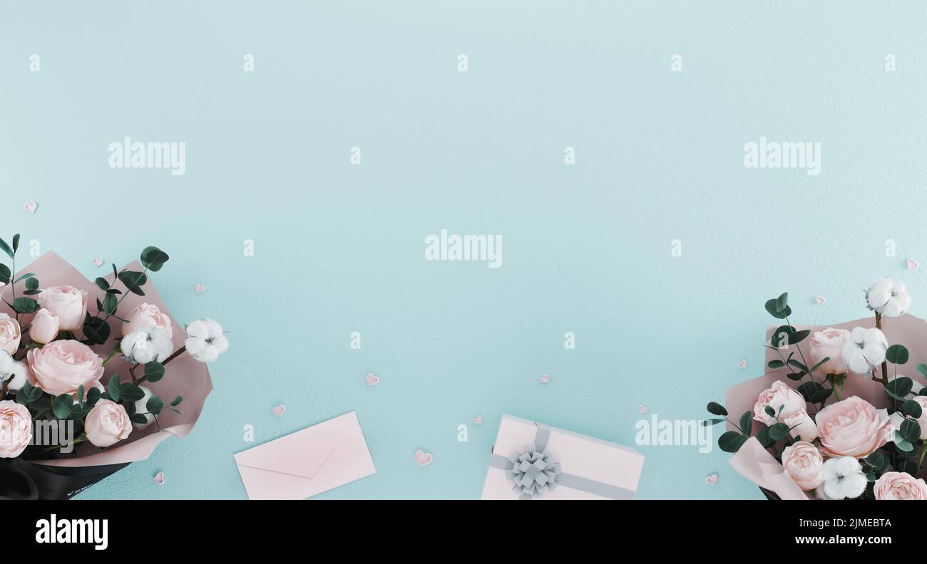 Pastel blue romantic background with peonies bouquets, heart shaped ...