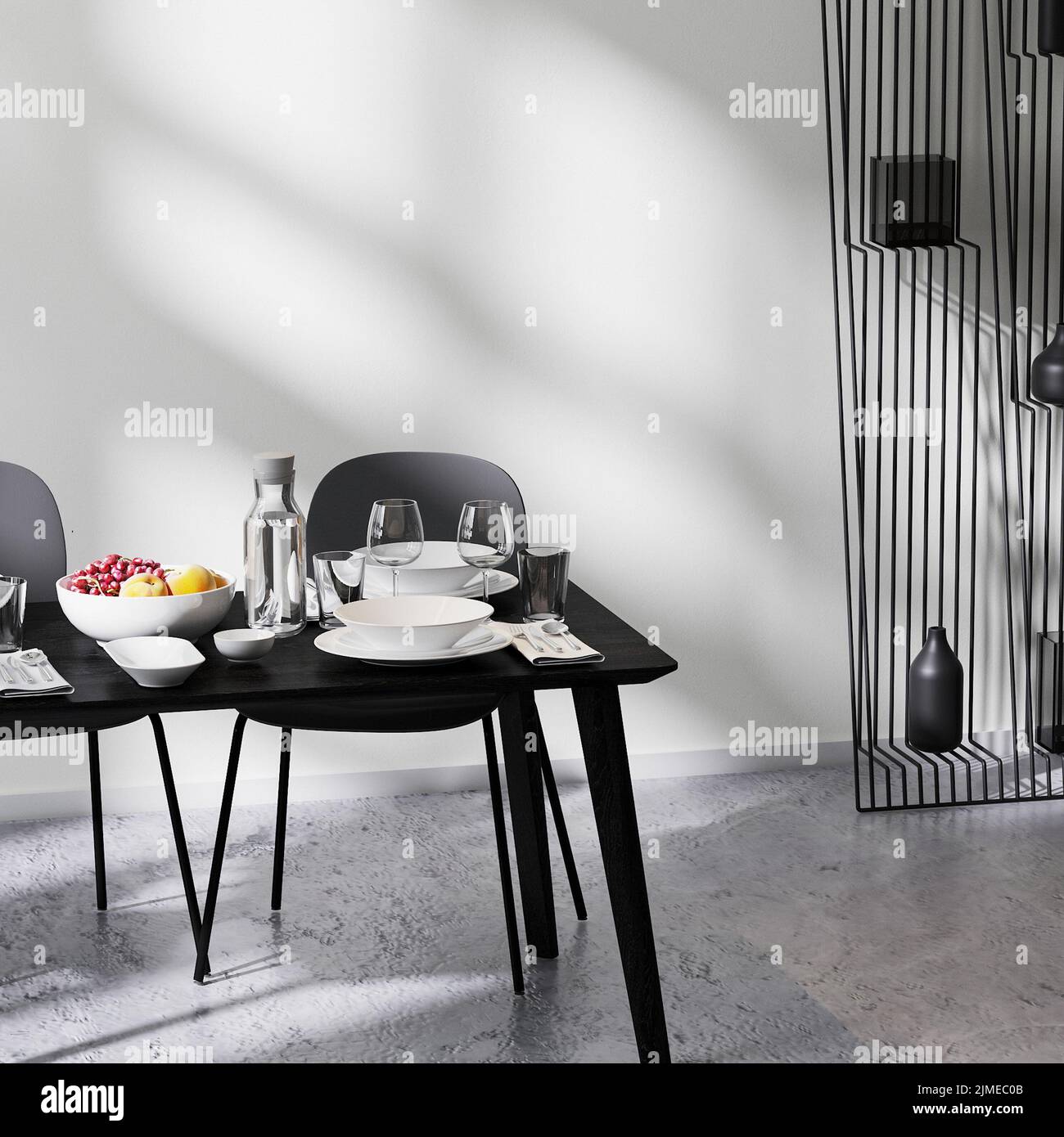Contemporary minimalist design interior, close up of dining table with chairs, white wall and ...
