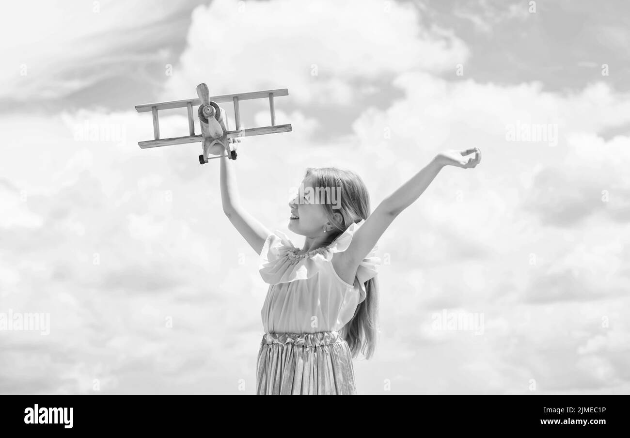 kid ready for vacation trip. lets fly. future career. beautiful teen ...