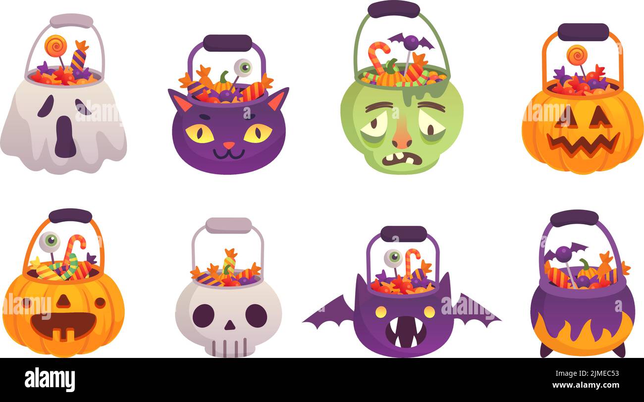 Halloween buckets. Candies in pumpkin basket, trick or treating bag for ...
