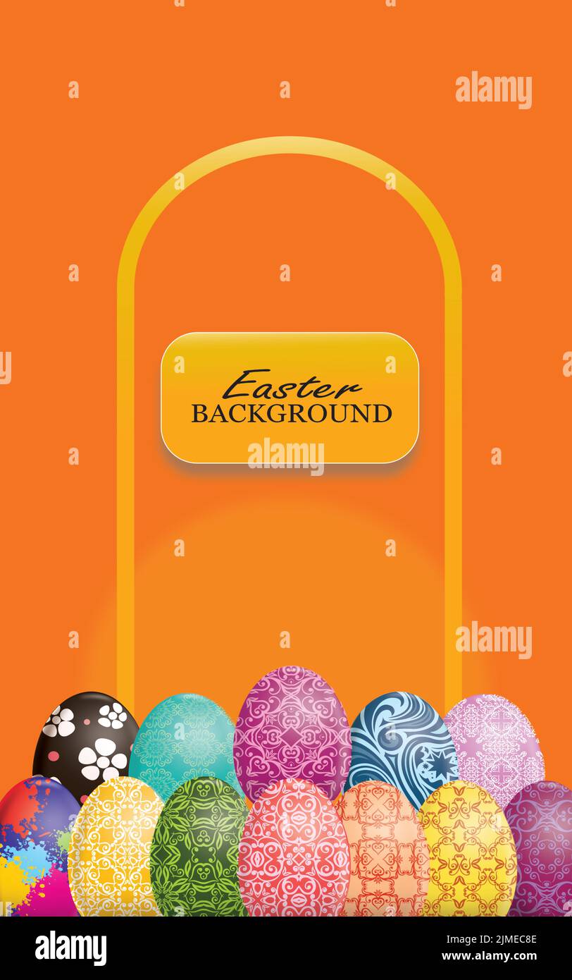 A vector illustration of an orange Easter background with colored eggs ...
