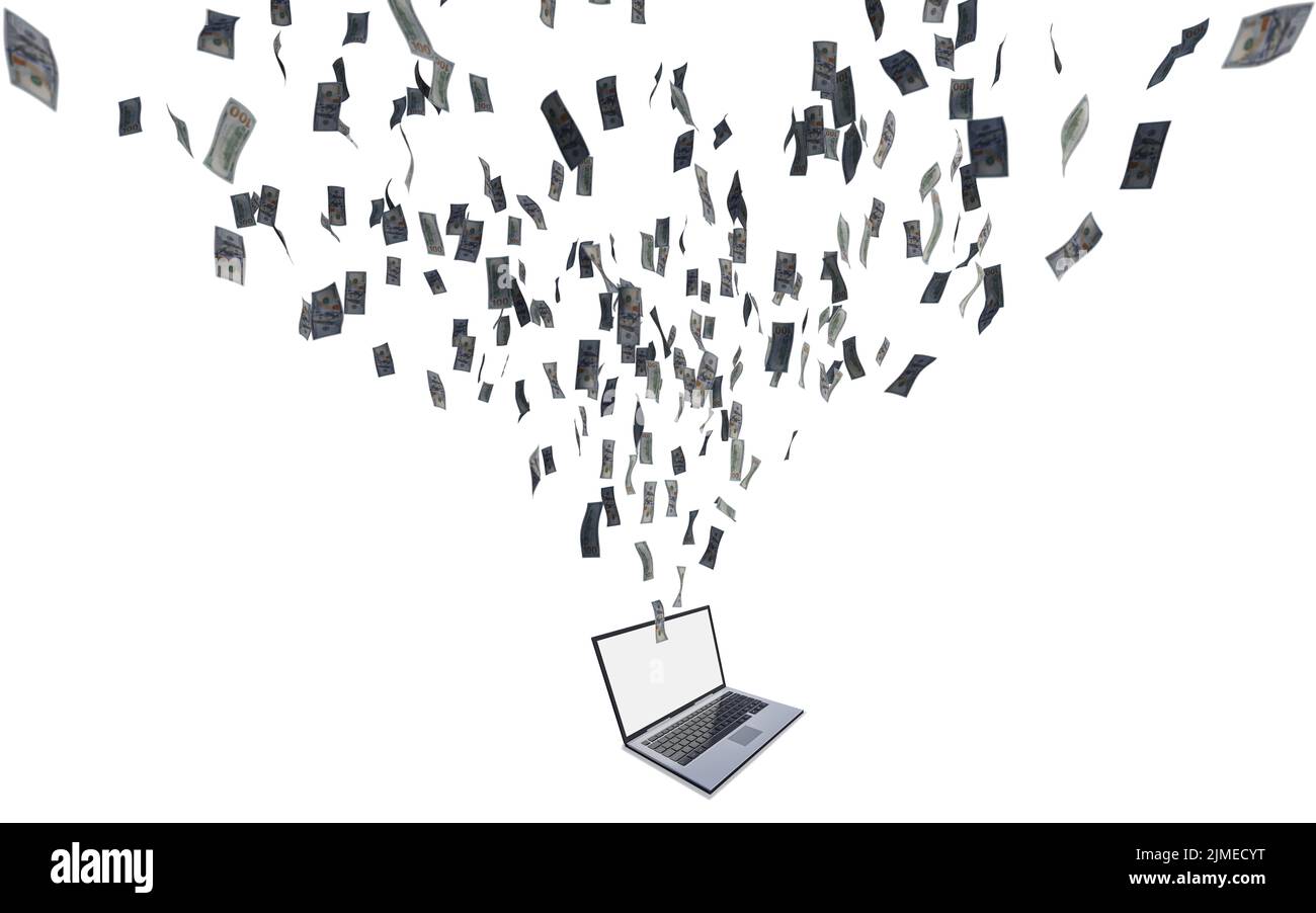 business on a go. 3D rendering image of working online on laptop ...