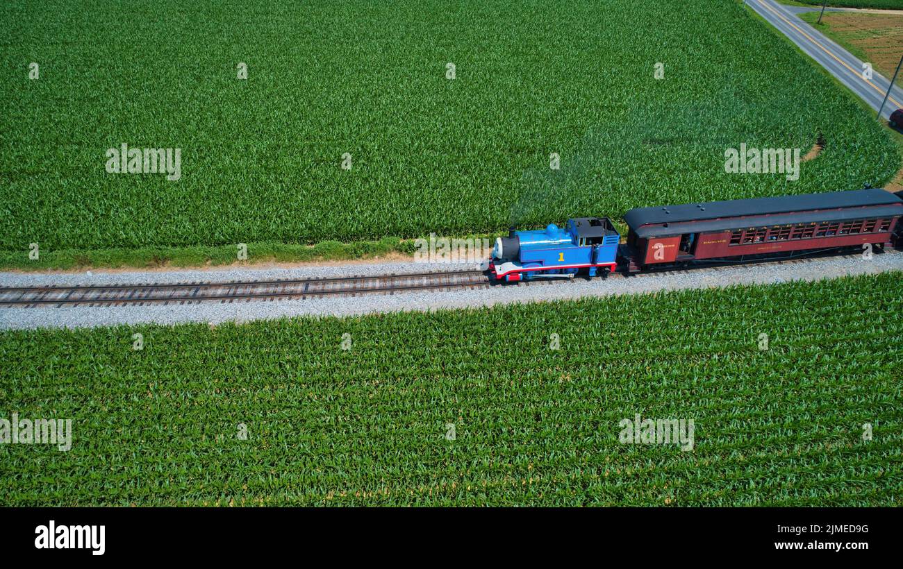 Aerial View of Thomas the Tank Engine Approaching Thru Trees and ...