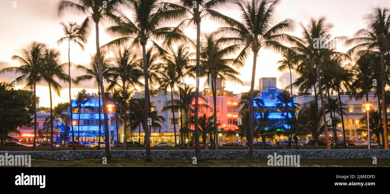 Miami Beach, colorful Art Deco District at night. Miami Beach Ocean ...