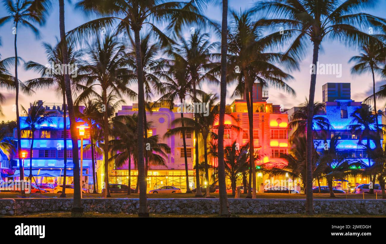 Miami Beach, colorful Art Deco District at night. Miami Beach Ocean ...