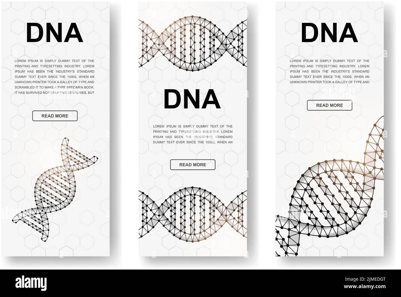 Set of three DNA spiral polygonal vertical banners. 3d Genetic helix low poly symbols with ...