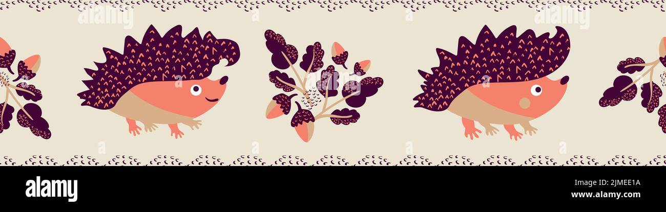 Cute vector spiky, prickly, hedgehog, acorn and oak leaves border ...