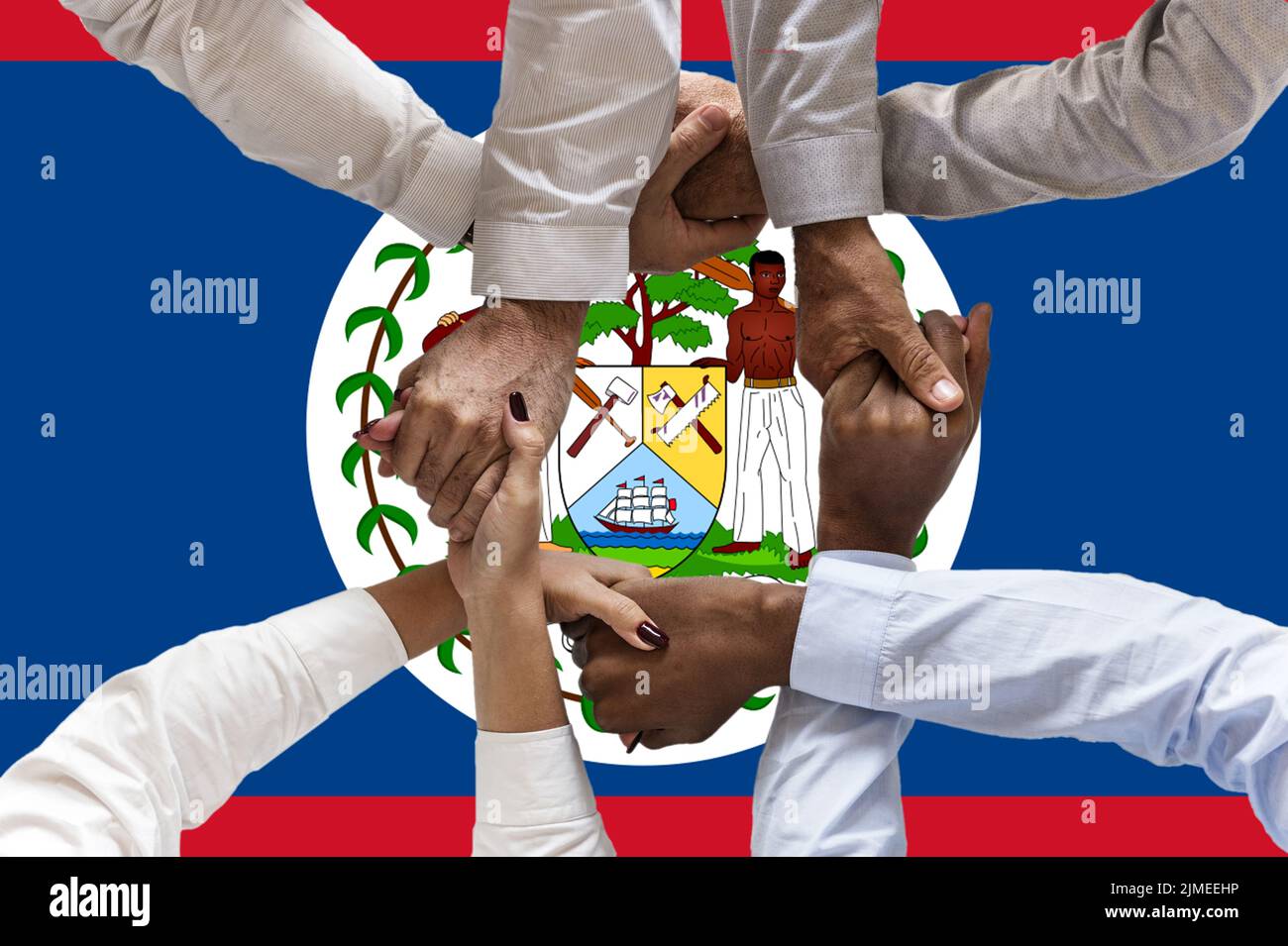 Flag of Belize, intergration of a multicultural group of young people ...