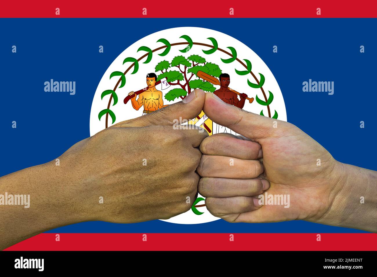 Flag of Belize, intergration of a multicultural group of young people ...