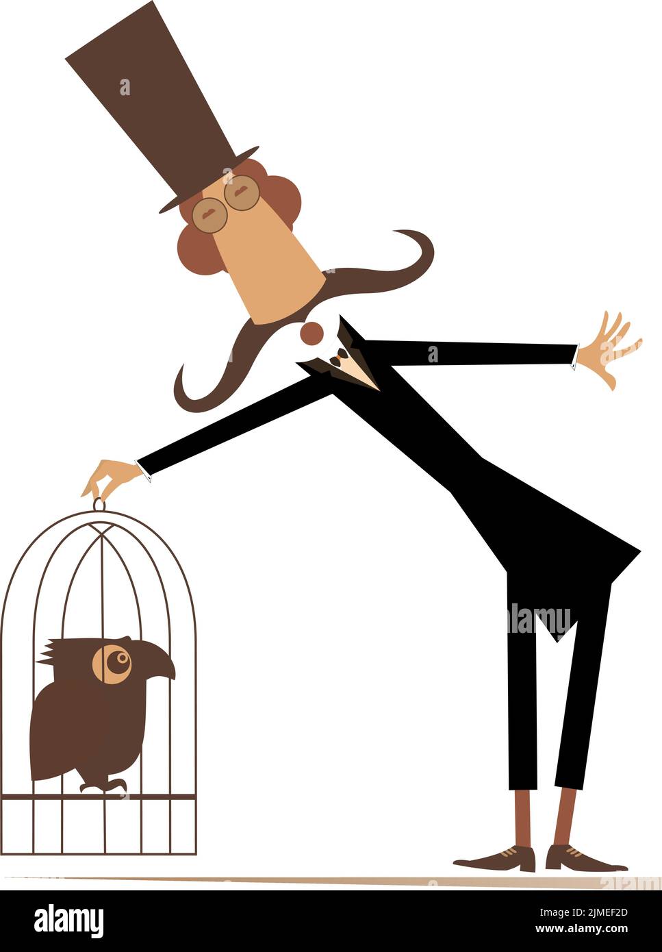 Mustache man in the top hat holds a cage with a bird. Cartoon long ...