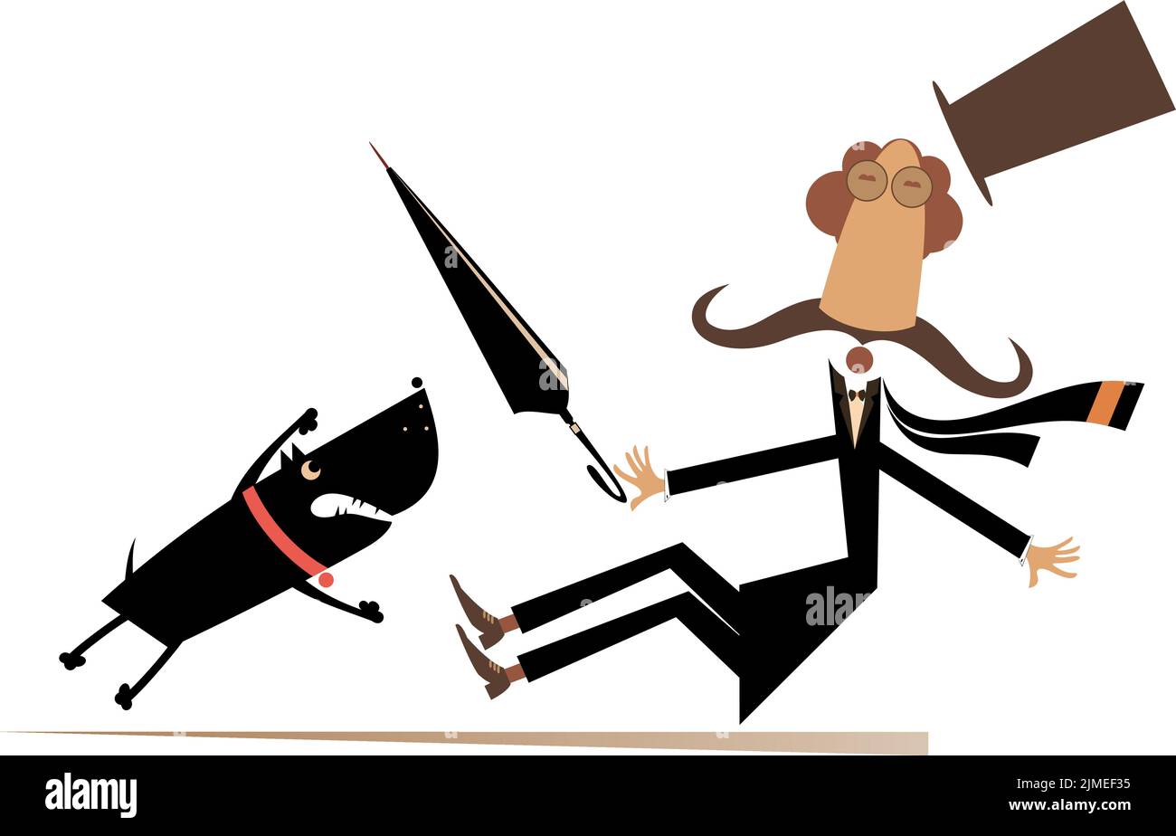 Cartoon aggressive dog and frightened man illustration. Mustache man in ...