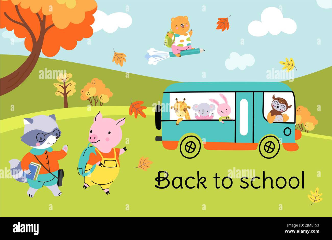 Animal back to school poster. Cute cartoon animals with backpack and ...