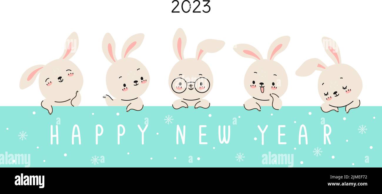 New year bunny banner. Asian holiday rabbit wealth symbols. Cute ...