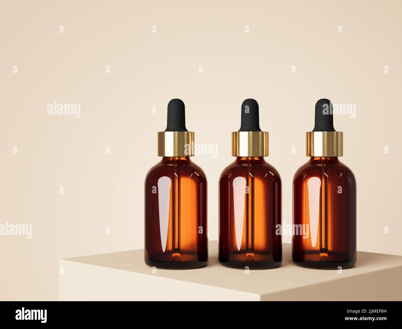 Three cosmetic serum dropper brown glass bottle on podium with beige ...