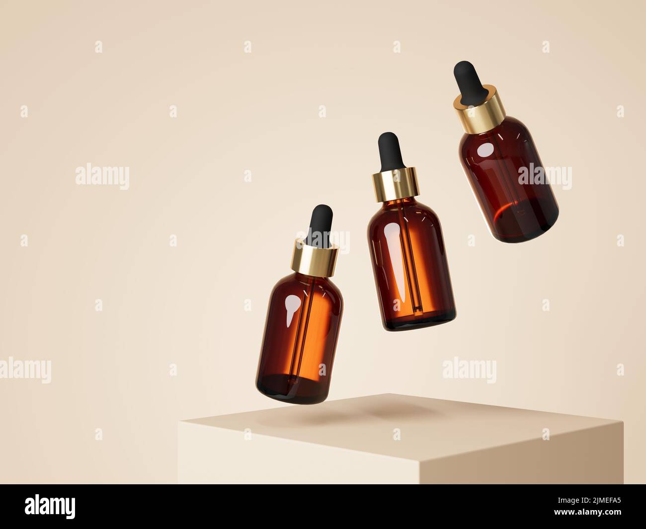 Three floating cosmetic serum dropper brown glass bottle on podium with ...