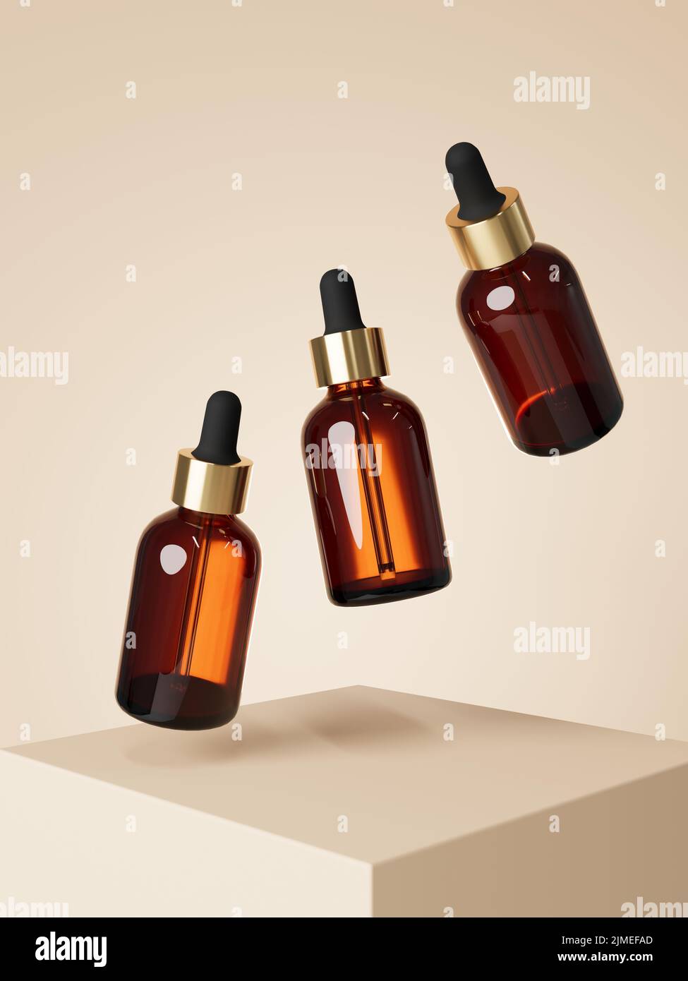 Three floating cosmetic serum dropper brown glass bottle on podium with ...
