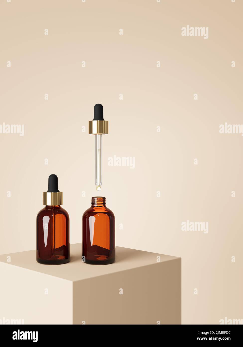 Two cosmetic serum dropper brown glass bottle floating on podium with ...
