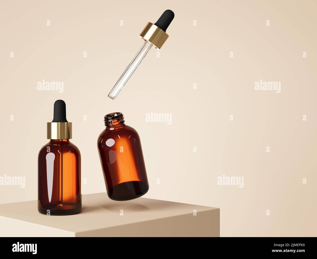Two cosmetic serum dropper brown glass bottle floating on podium with ...