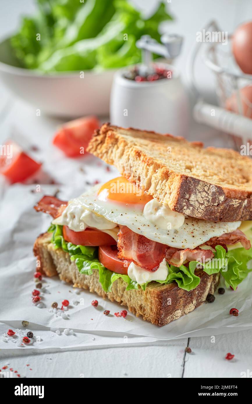 Homemade and crunchy toasted sandwich with bacon, mayonnaise and egg ...