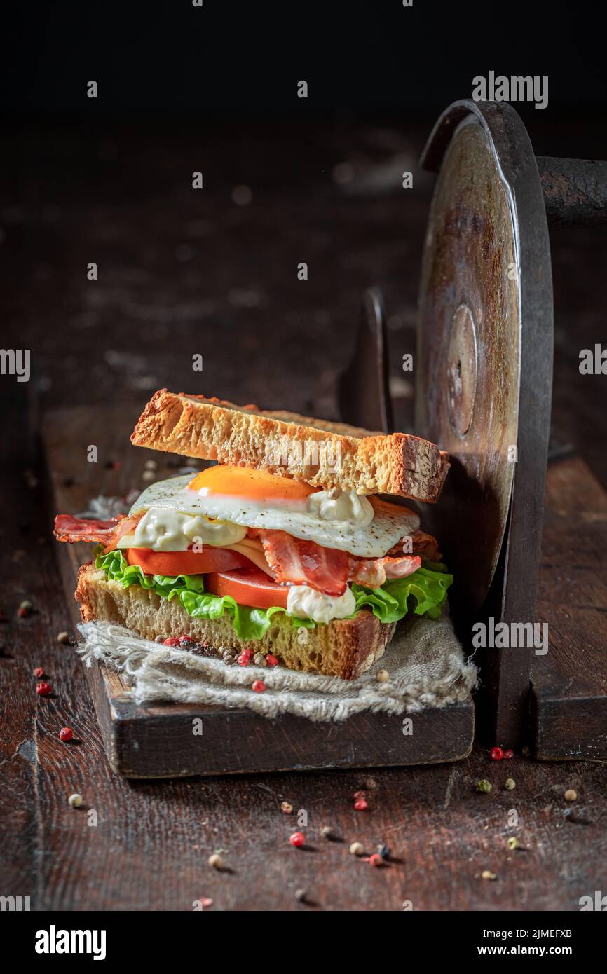 Tasty and homemade toasted sandwich with egg, bacon and vegetables ...