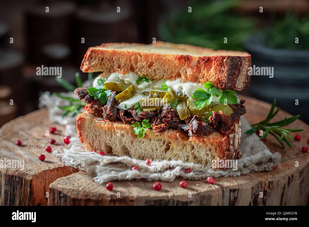 Spicy and tasty sandwich with gherkin, shredded beef and bbq sauce ...