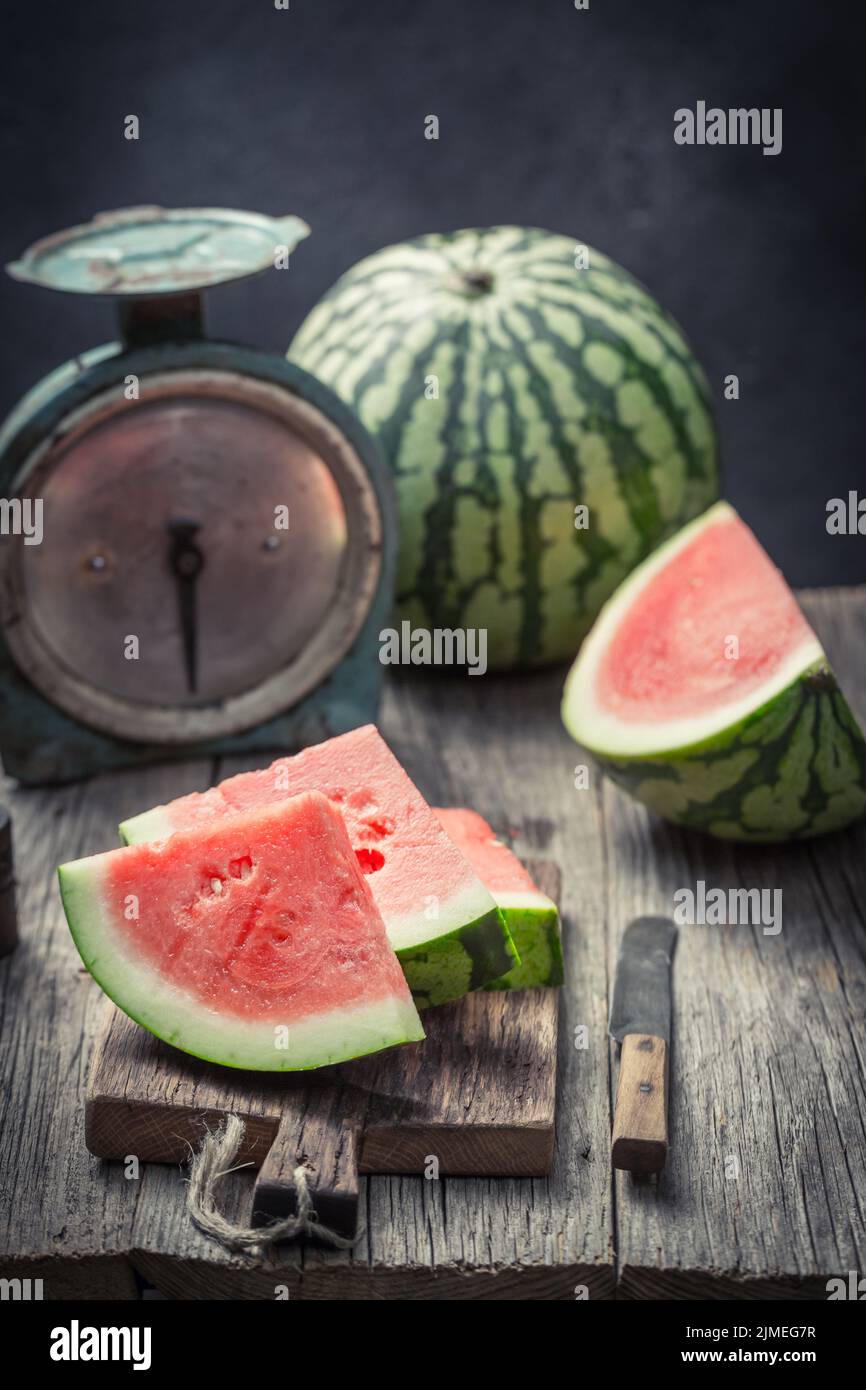 Juicy and sweet chopped watermelon in a rustic kitchen. Watermelon ...
