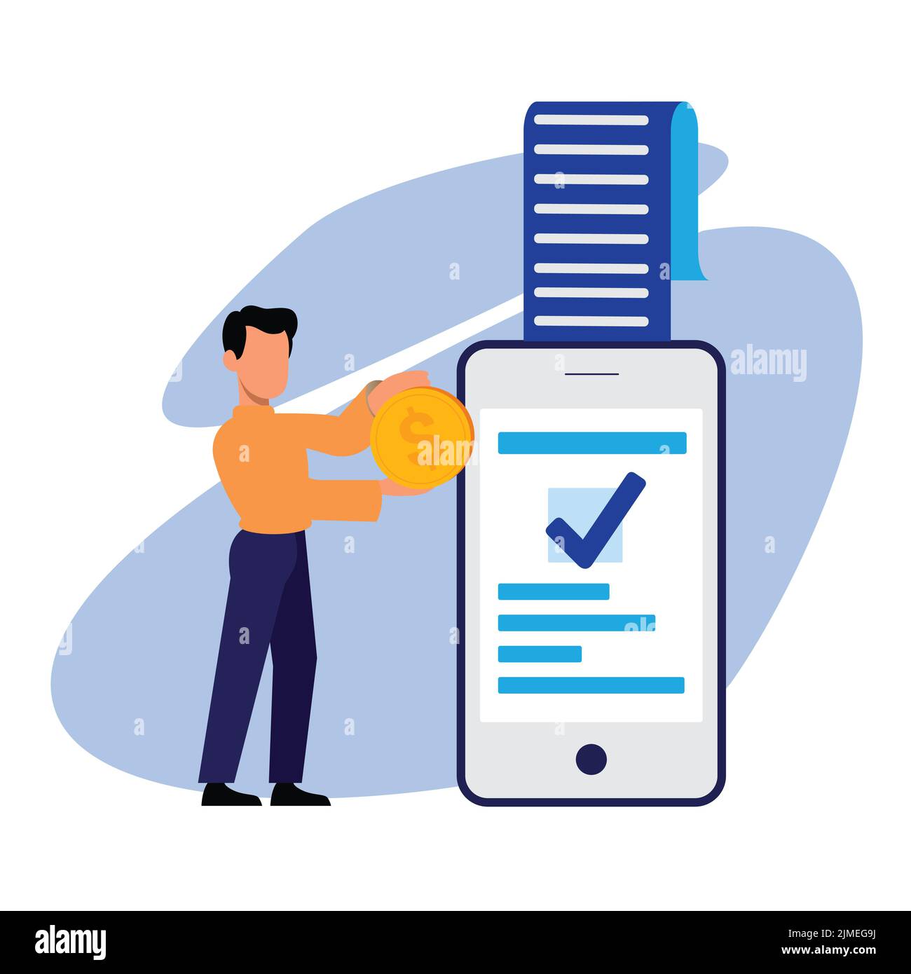 A cartoon vector of a phone with a fill out form on screen near male ...