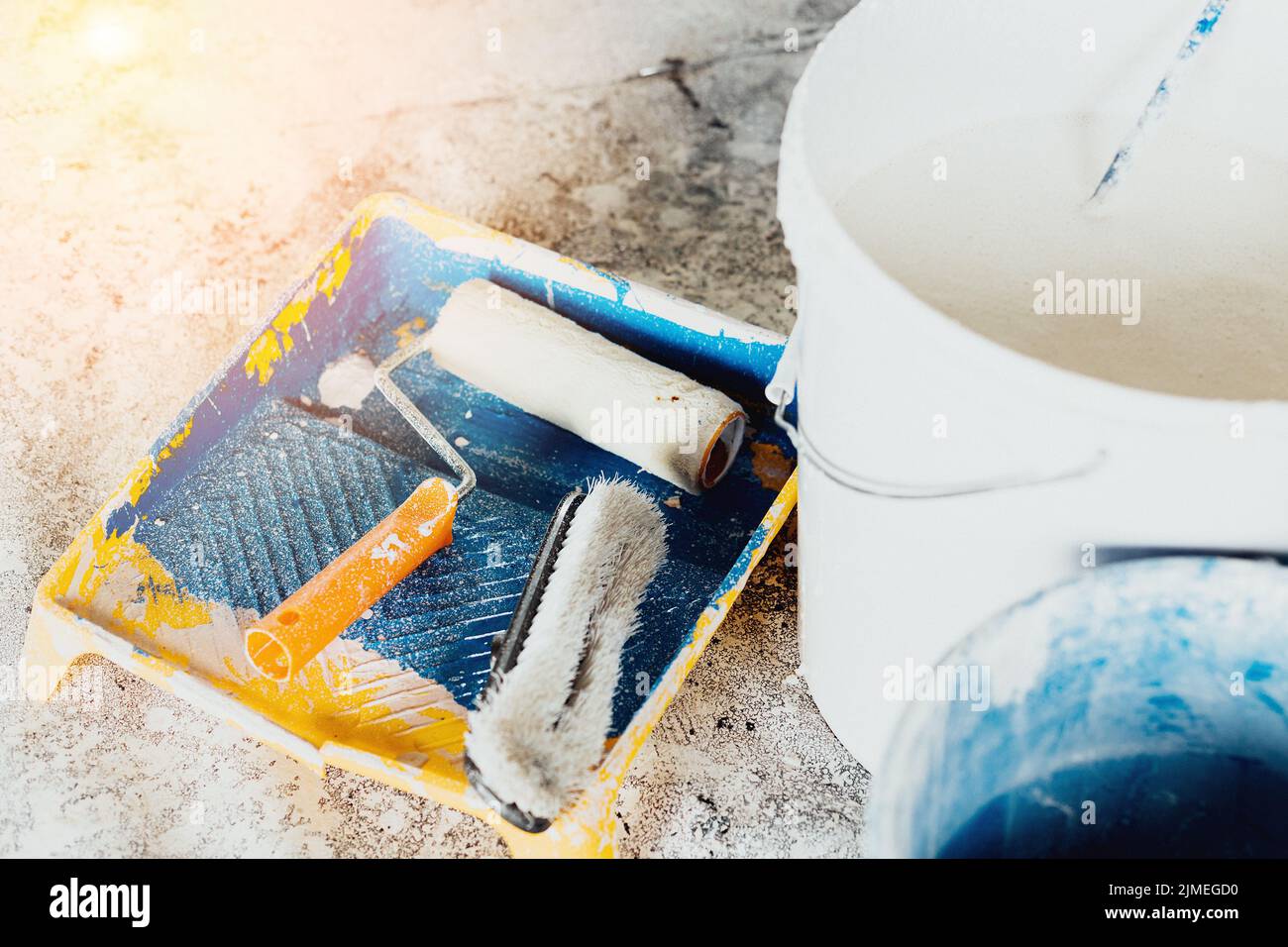 The concept of repair of the house and premises. Buckets of paint and ...