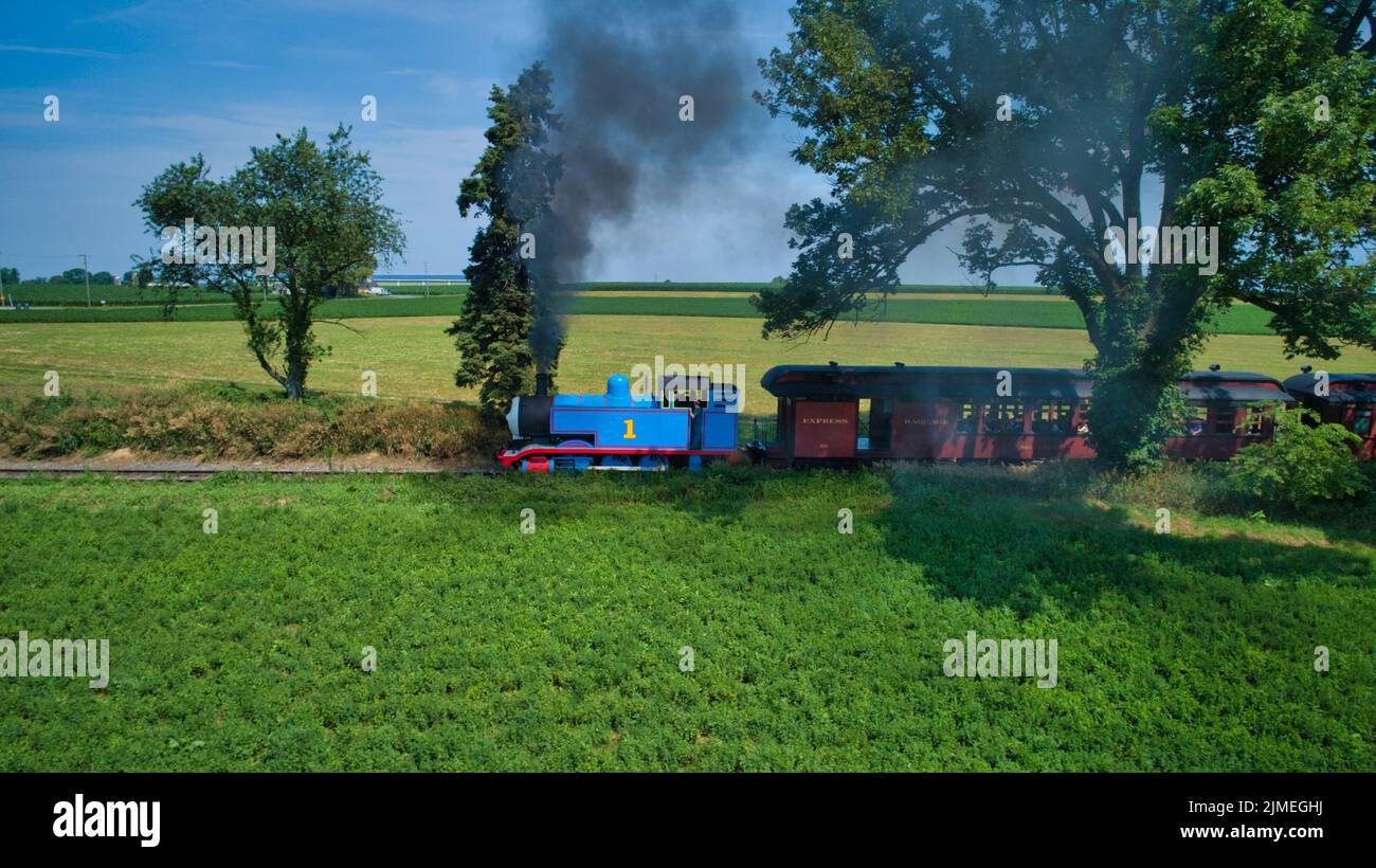 Aerial View of Thomas the Tank Engine Approaching Pulling Passenger ...