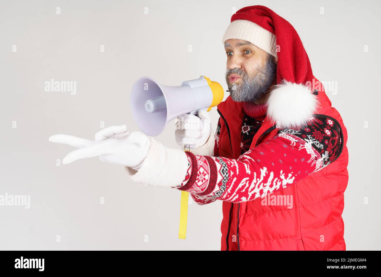 New Year and Christmas concept. Santa Claus is emotionally talking ...