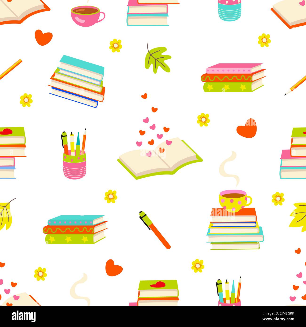 Cartoon book and cozy things seamless pattern. Hot drink, stationery ...