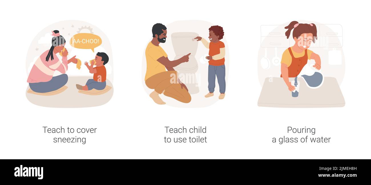 Self-care skills development in home-based daycare isolated cartoon vector illustration set ...