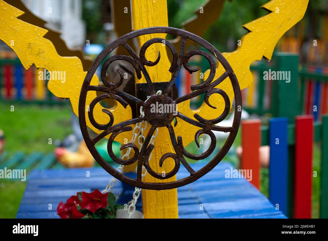 Spindle wheel. Metal circle. Round wrought iron. Well handle Stock ...